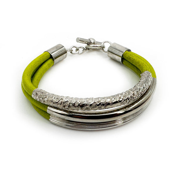 Leather Three-Strand Bracelet with SILVER Textured Tubes - Erica Zap ...