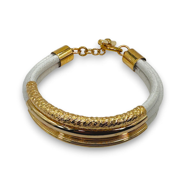 Leather Three-Strand Bracelet with GOLD Textured Tubes - Erica Zap Designs
