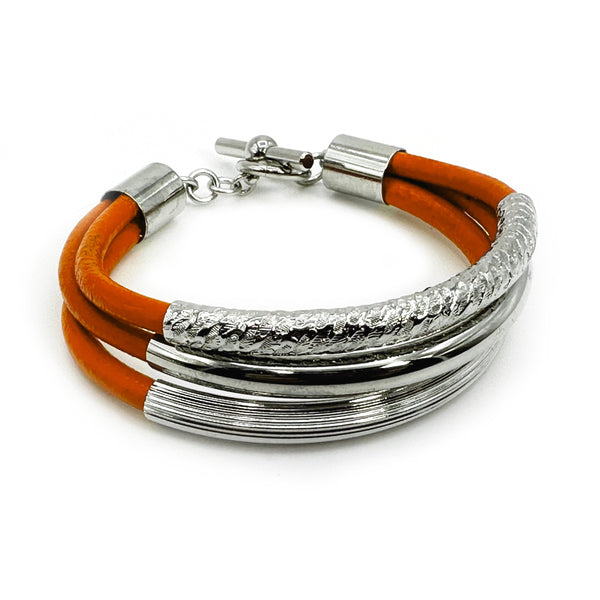 Leather Three-Strand Bracelet with SILVER Textured Tubes - Erica Zap ...